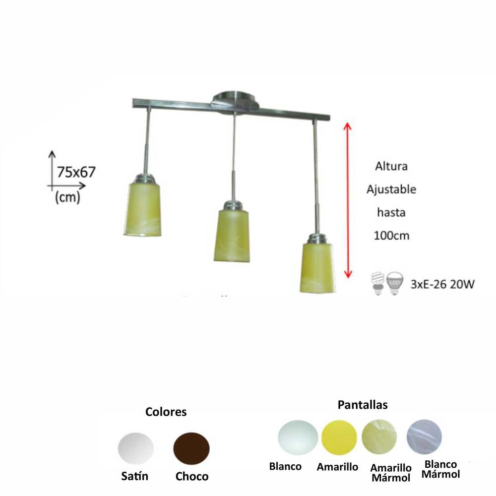 Riel base satinado con pantalla vaso amarillo 3 luces marca Guzman ...