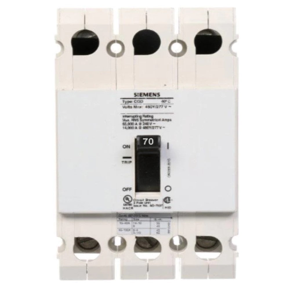 Interruptor automatico de riel serie CQD, 3 polos, 240-480V, 70A, SIEMENS. – Lumi Material Electrico